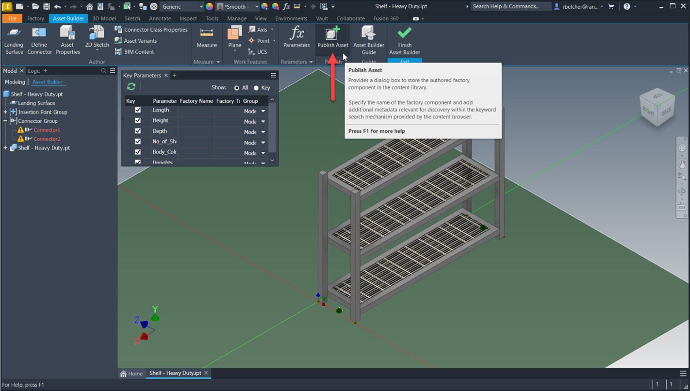 Continue with the shelf model from the previous unit. On the Asset Builder tab, click Publish ...